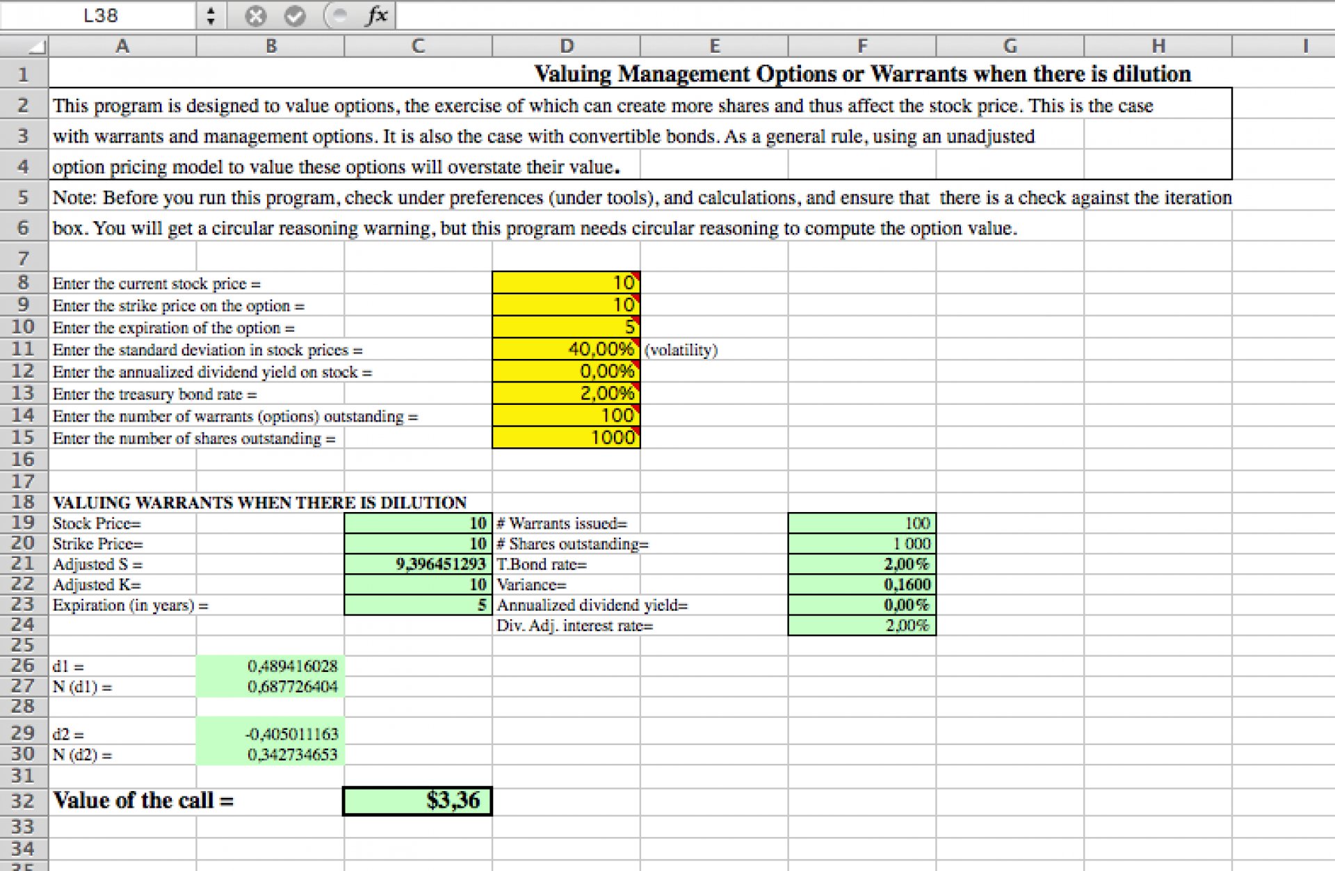 Warrants And Management Options Excel Valuation Model Eloquens