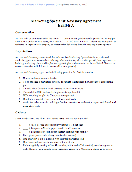 Marketing Specialist Advisory Agreement Template - Eloquens