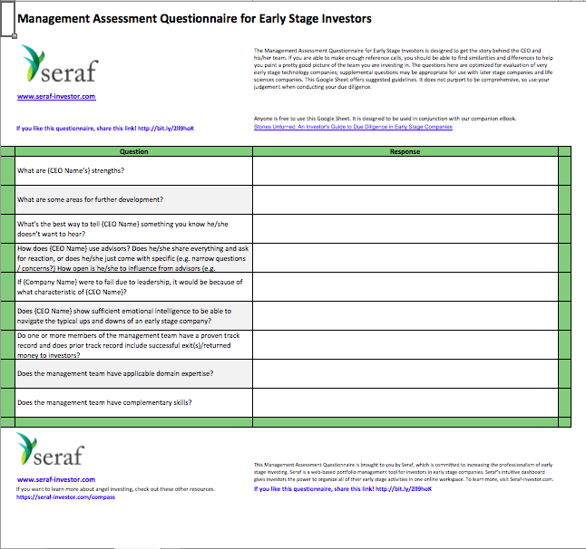 Management Assessment Questionnaire for Early Stage Investors - Eloquens