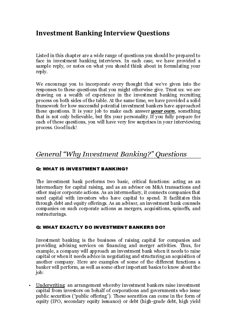 Investment Banking Interview Questions Investment Banking Interview Questions