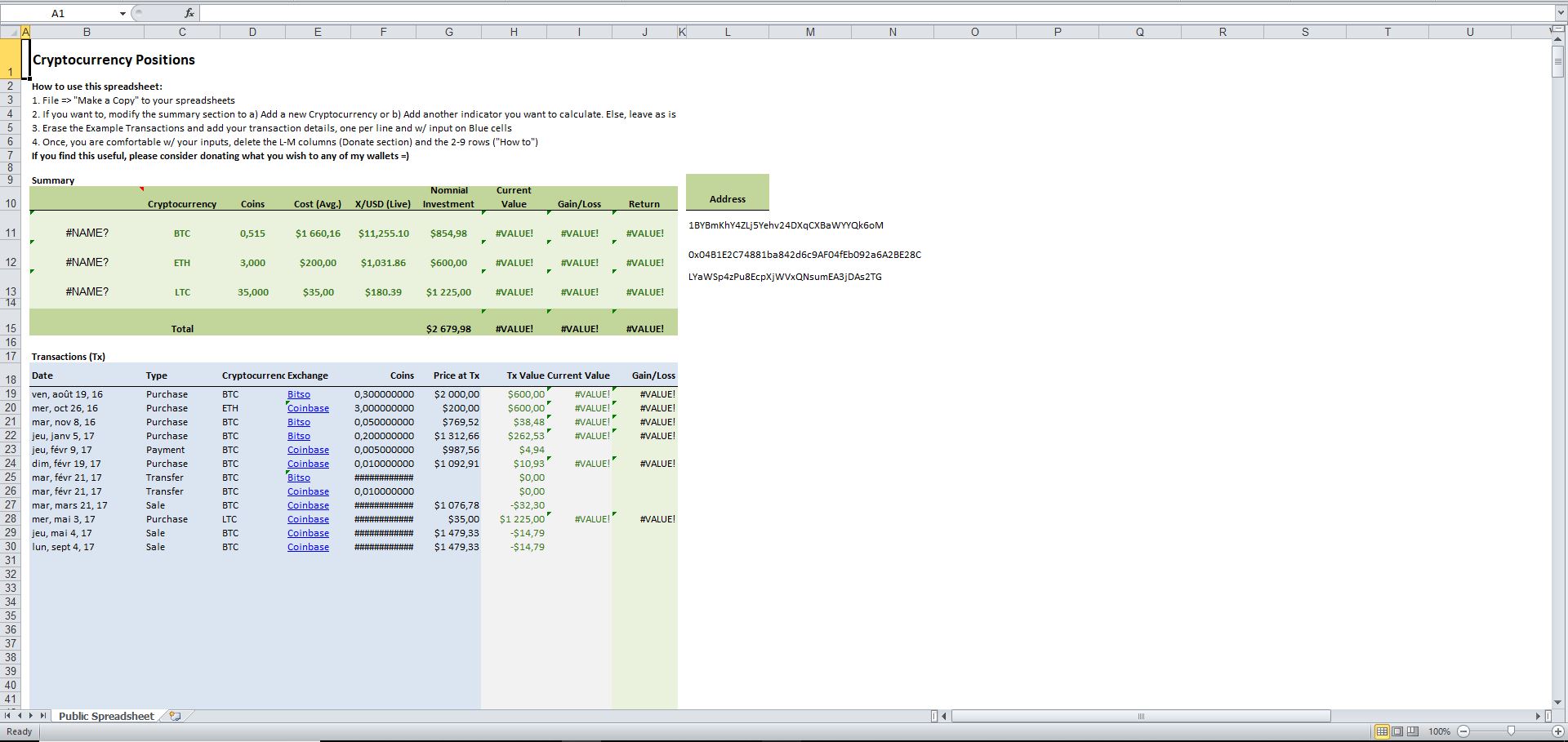 Cryptocurrency Positions Excel Spreadsheet - Eloquens