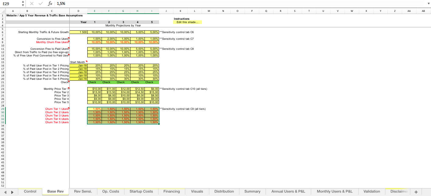 Mobile App / Website - 5 Year Recurring Revenue Excel Model Template ...