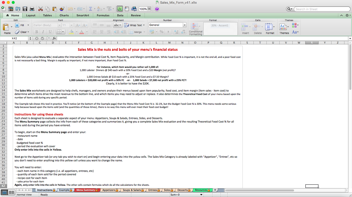 Sales Mix, Menu Mix and Menu Engineering Spreadsheet - Eloquens