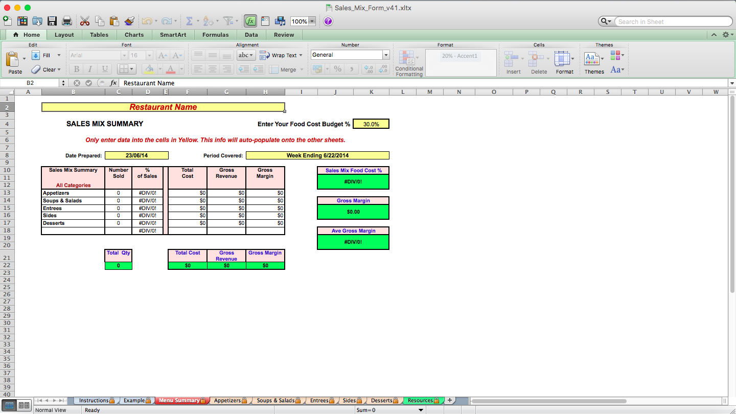 Sales Mix, Menu Mix and Menu Engineering Spreadsheet - Eloquens