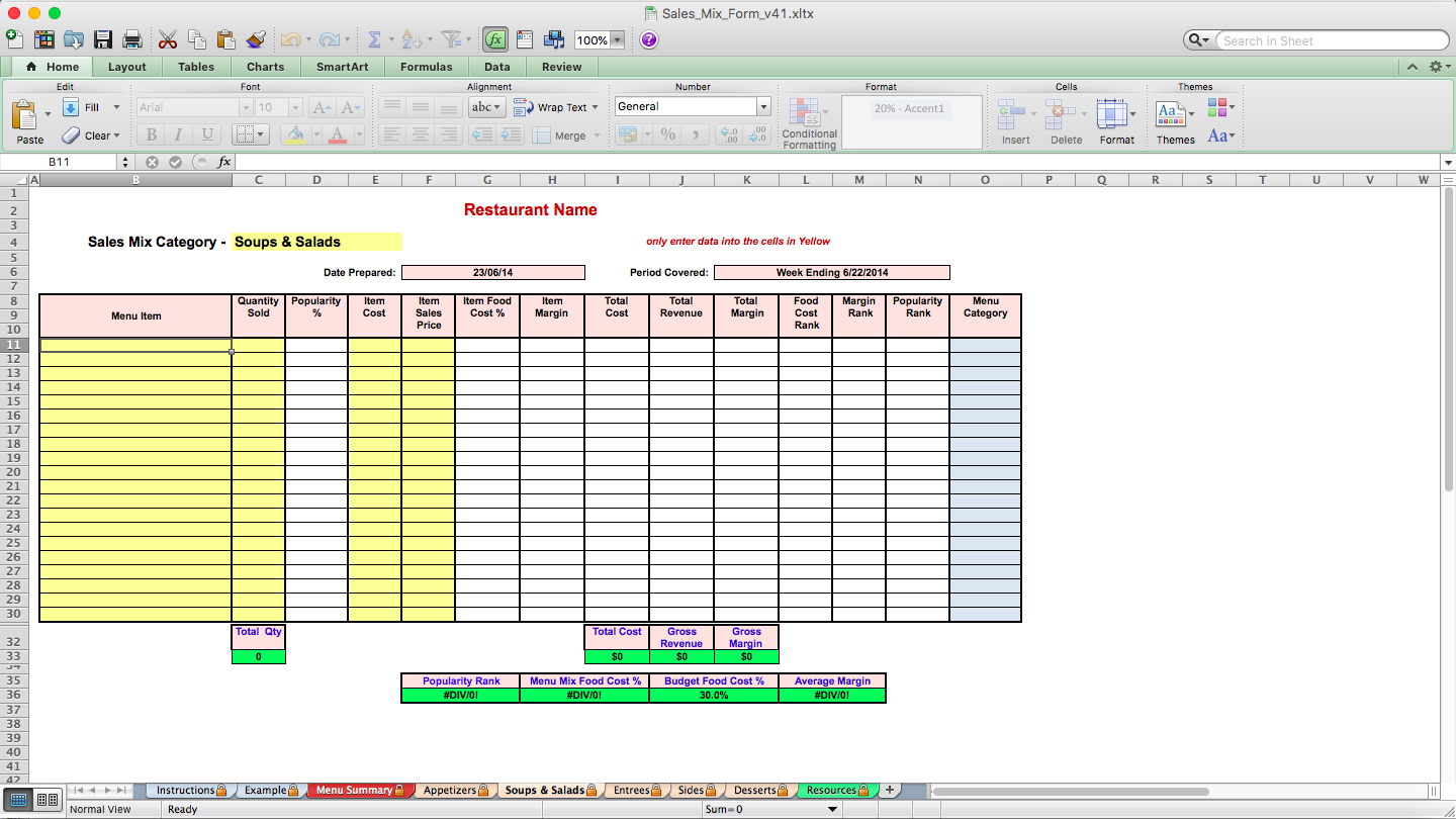 Sales Mix, Menu Mix and Menu Engineering Spreadsheet - Eloquens