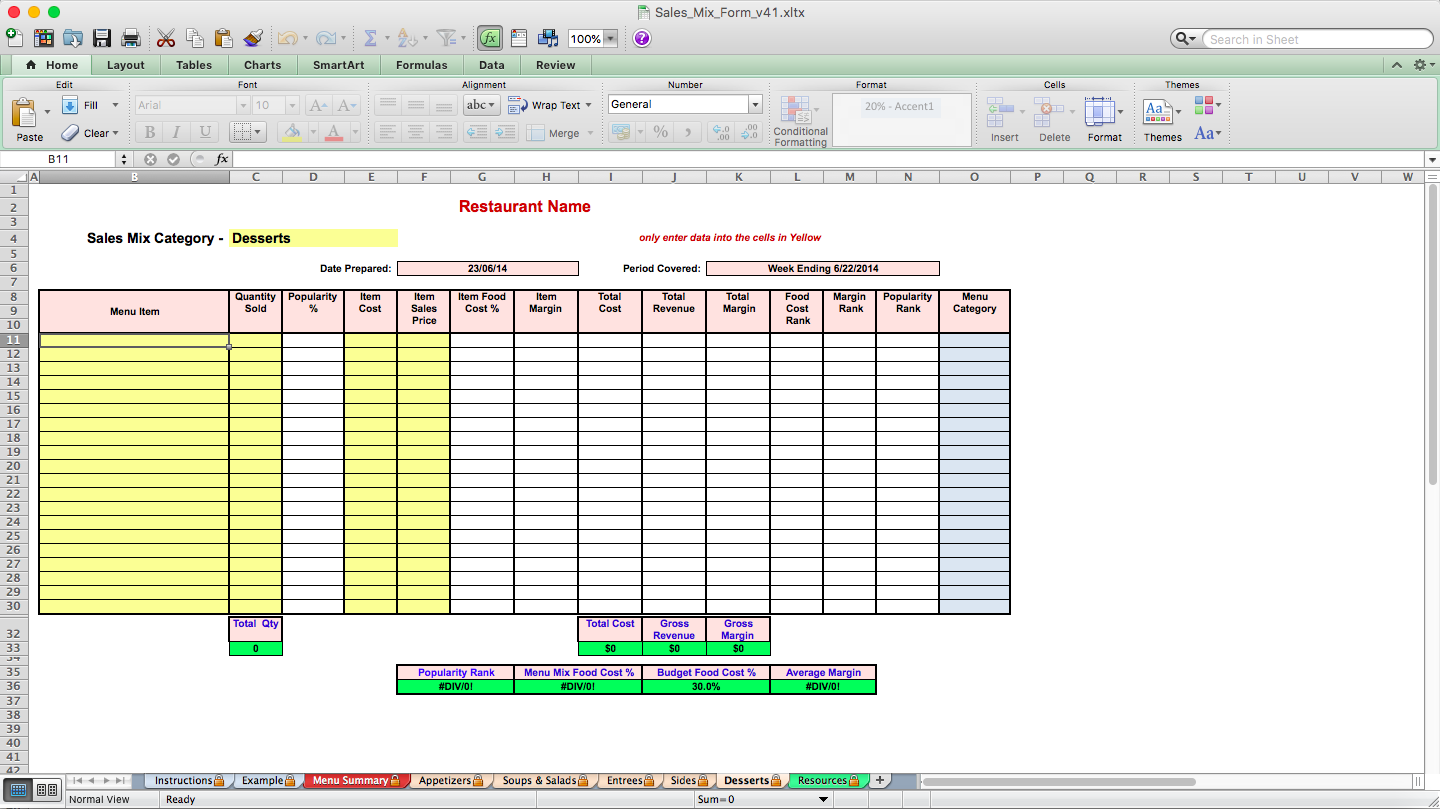 Sales Mix, Menu Mix and Menu Engineering Spreadsheet - Eloquens
