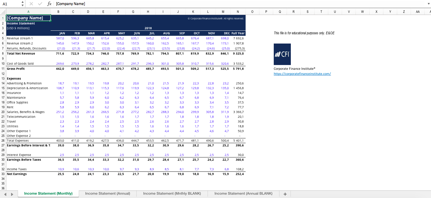 Income Statement Excel Template