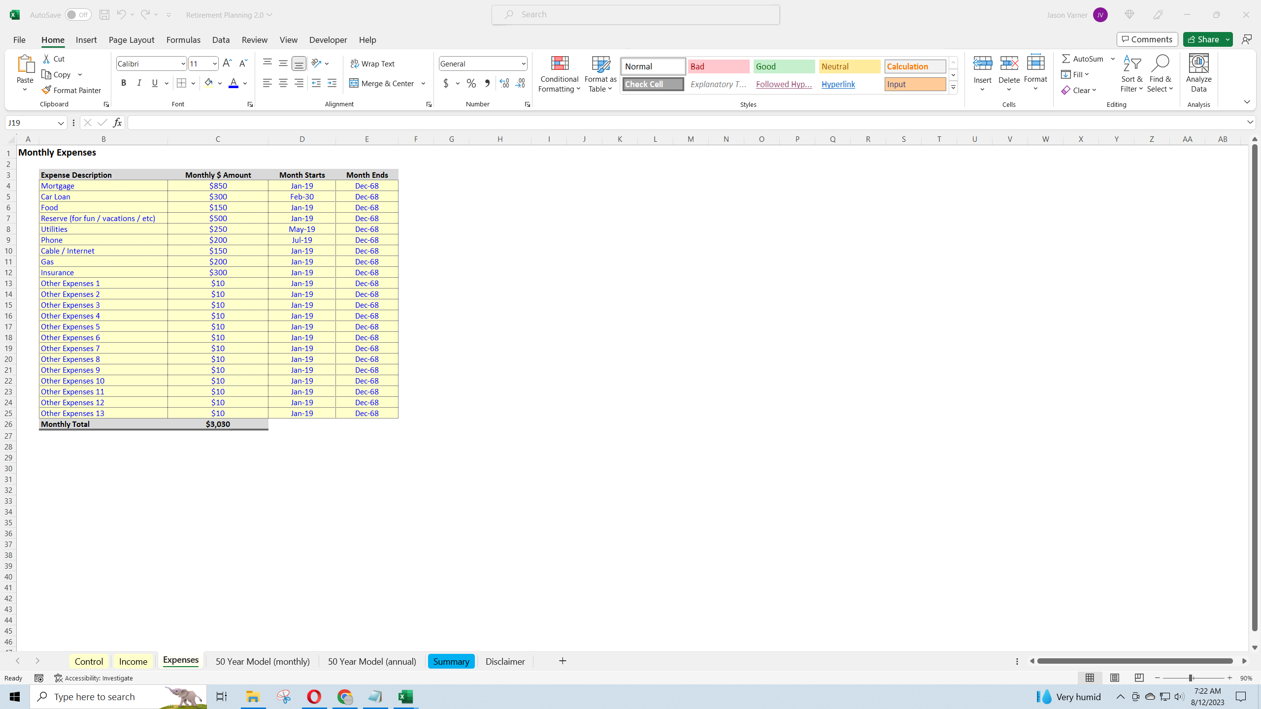 Retirement Planner Excel Model - Cash Flow Forecasting with Inflation ...