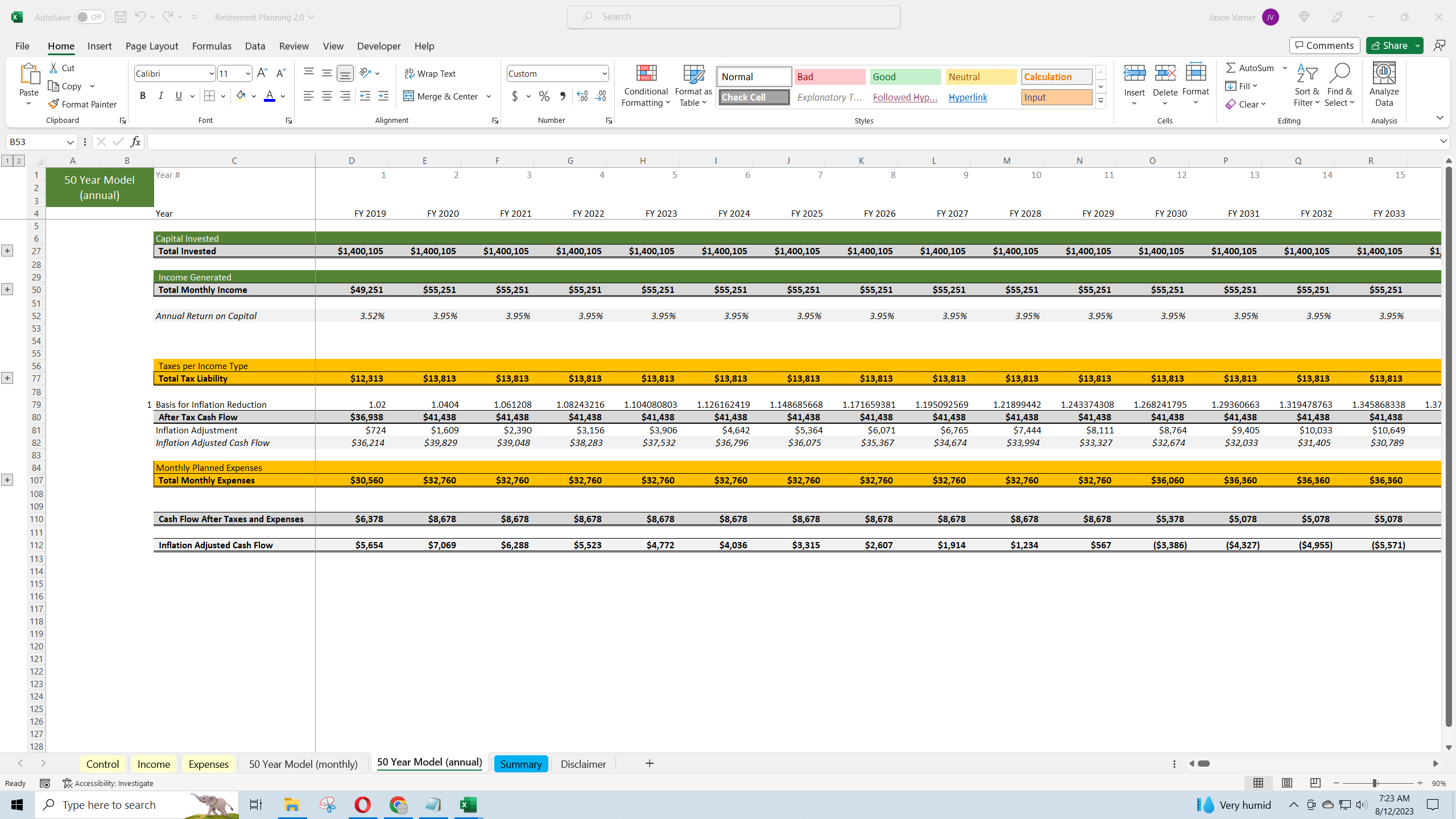 Retirement Planner Excel Model - Cash Flow Forecasting with Inflation ...