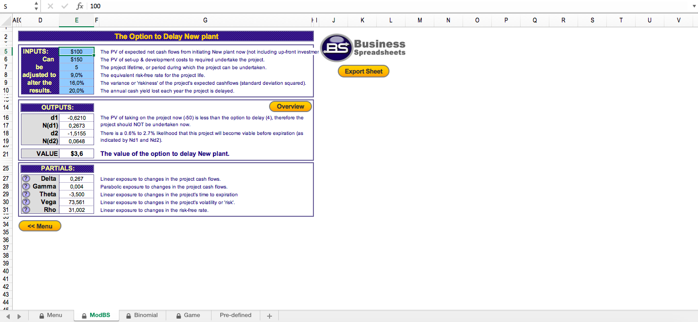 Real Options Valuation and Analysis Excel Model - Eloquens