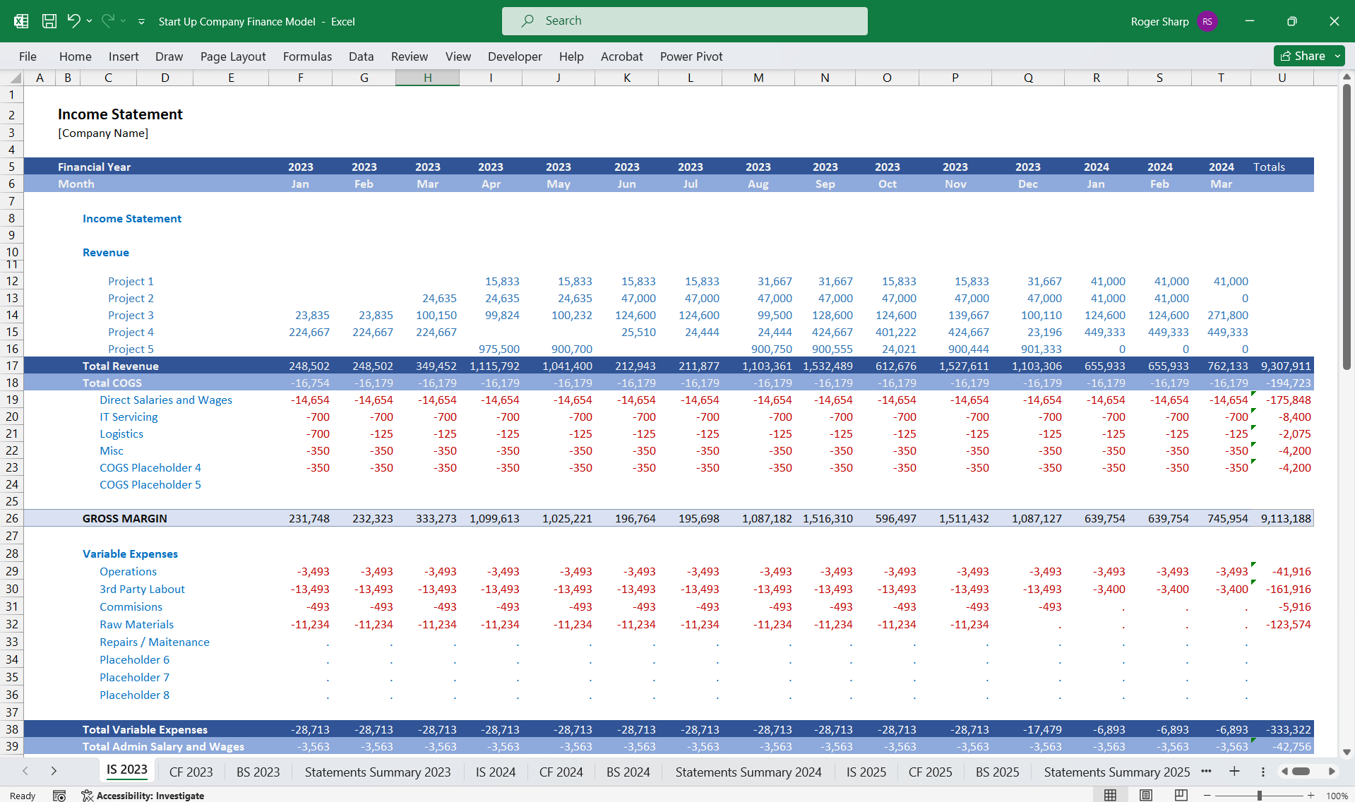 Startup Financial Model 5 Year 3 Statement Excel Template - Eloquens