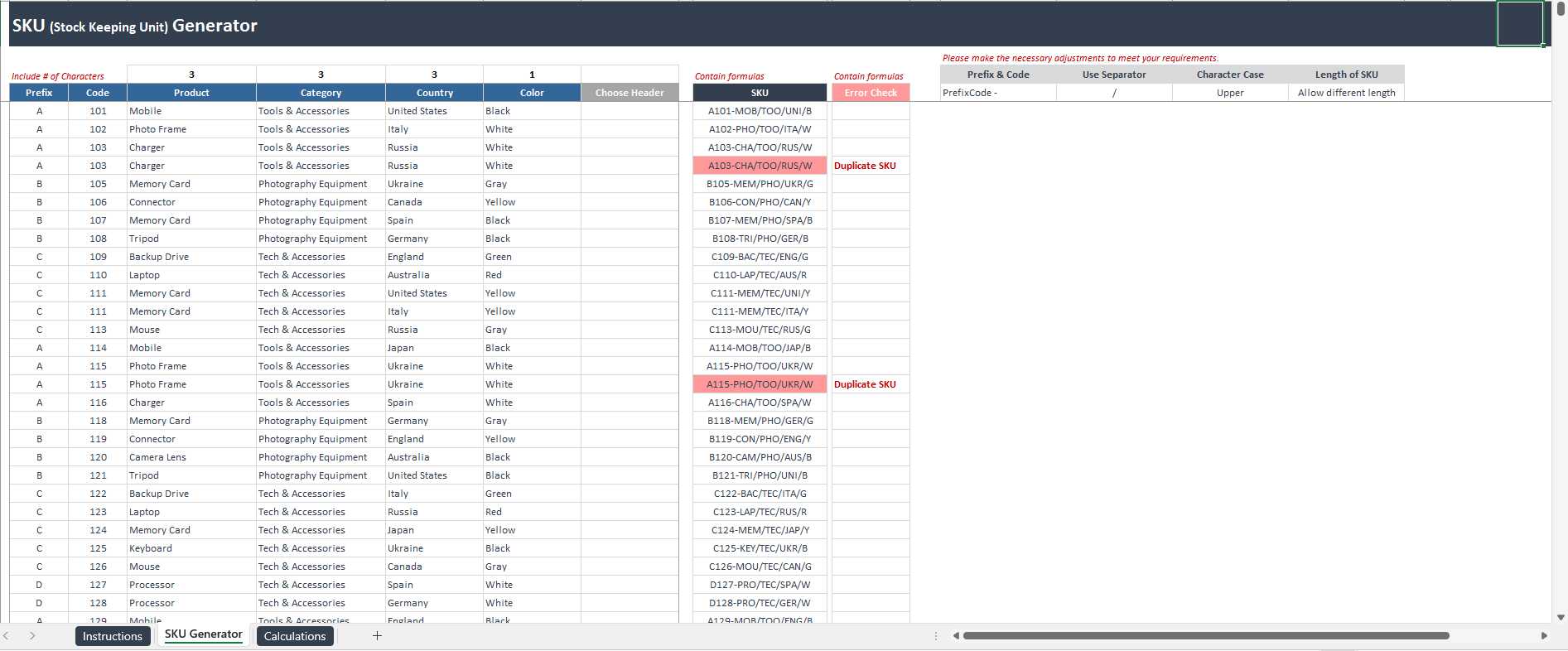 SKU Generator Excel Template - Eloquens