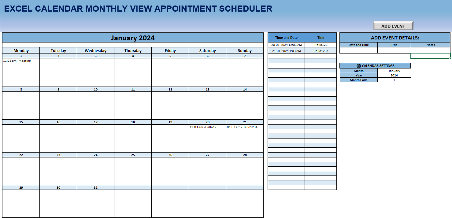 Dynamic Appointment Scheduler in Excel / Monthly Calendar View - Eloquens