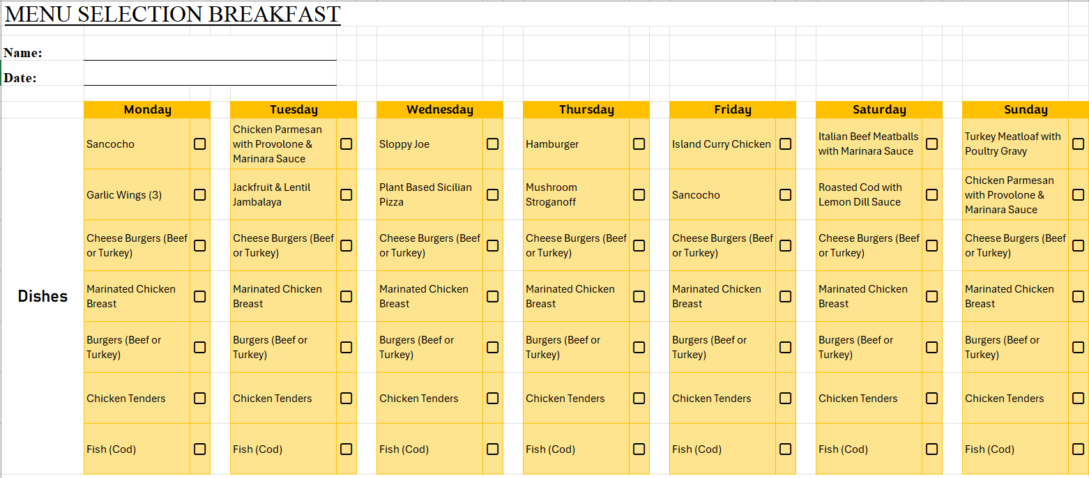Beautiful Weekly Menu Selection Sheet - Breakfast, Lunch and Dinner ...