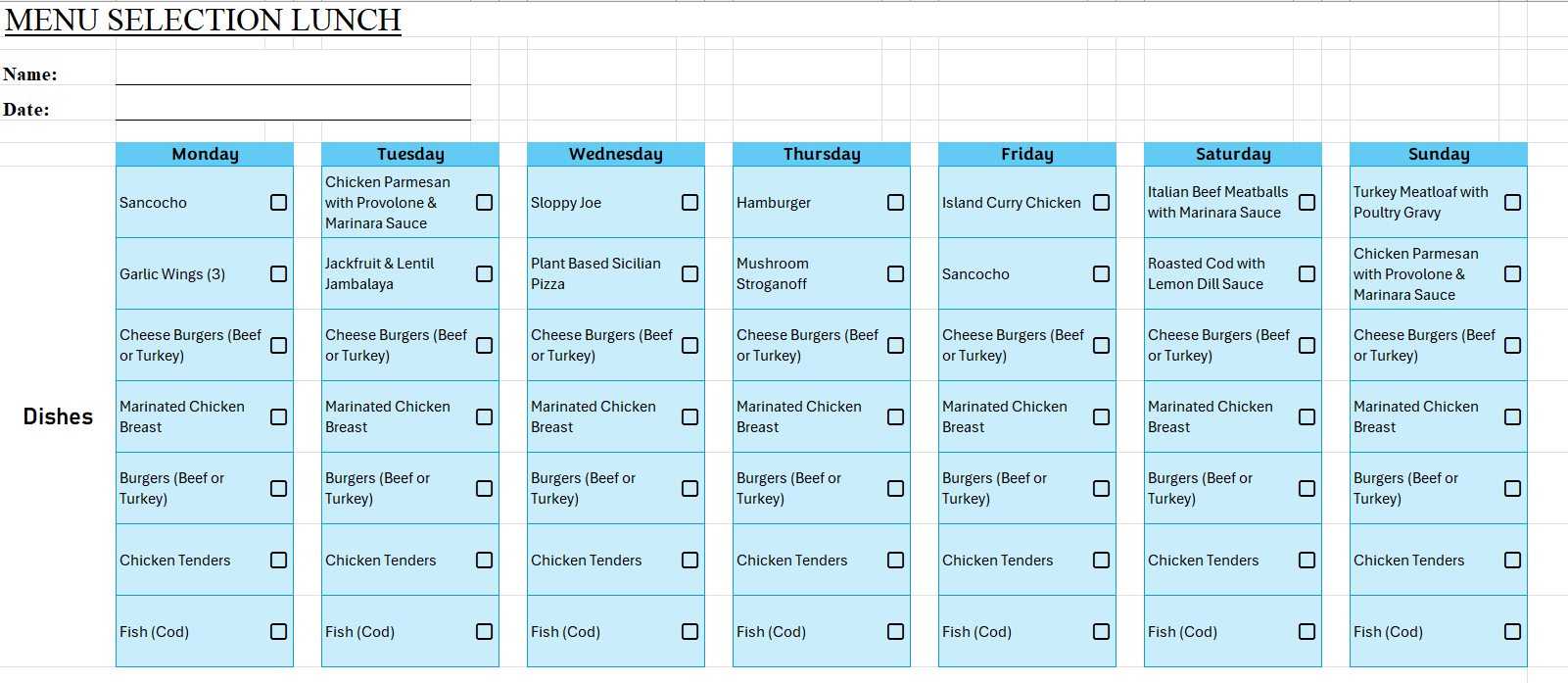 Beautiful Weekly Menu Selection Sheet - Breakfast, Lunch and Dinner ...