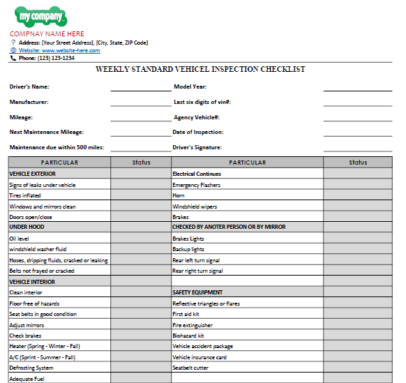 Vehicle Maintenance Inspection Checklist – Interior, Exterior, Fluids ...