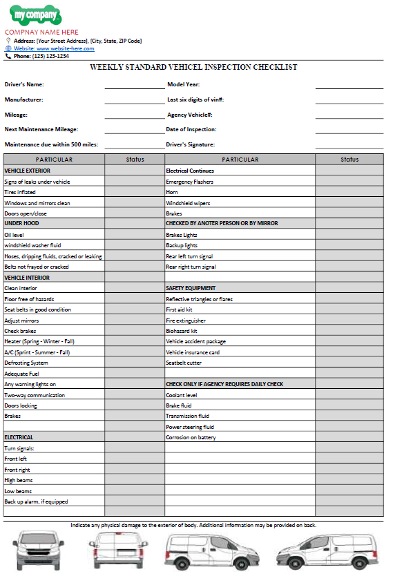 Vehicle Maintenance Inspection Checklist – Interior, Exterior, Fluids ...