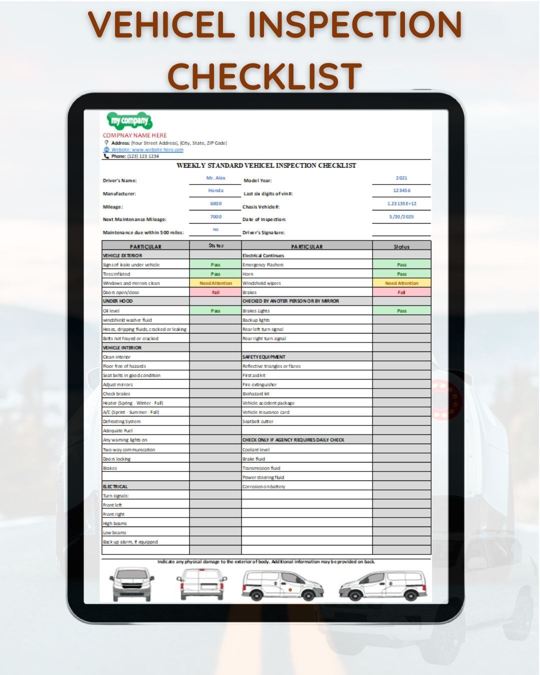 Vehicle Maintenance Inspection Checklist – Interior, Exterior, Fluids ...