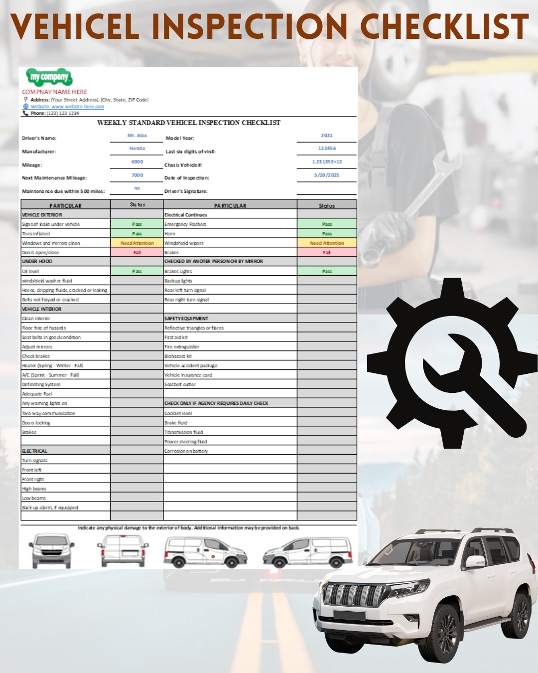 Vehicle Maintenance Inspection Checklist – Interior, Exterior, Fluids ...