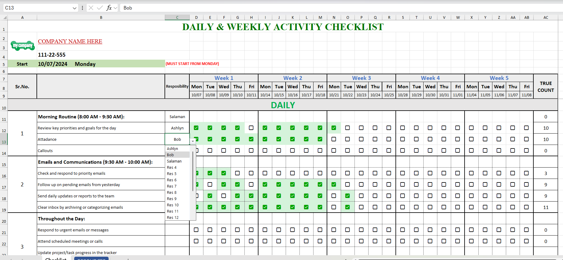 Employee Productivity Checklist - Daily and Weekly Task Management ...