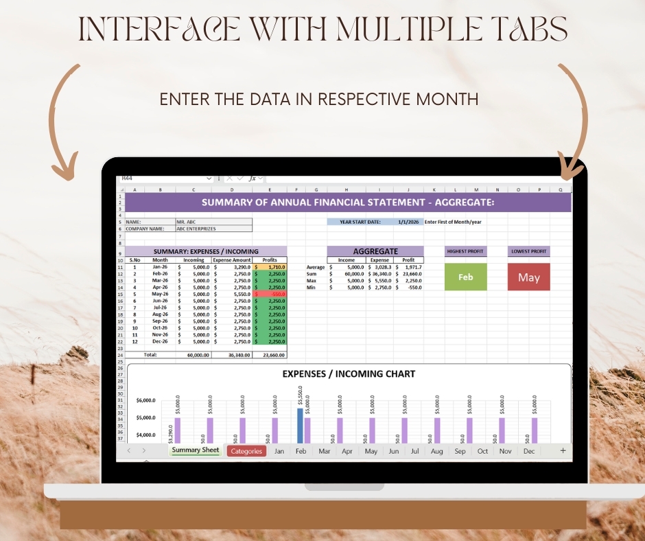 Annual Income & Expense Tracker | Profit and Loss Statement for Personal and Business Use - Eloquens