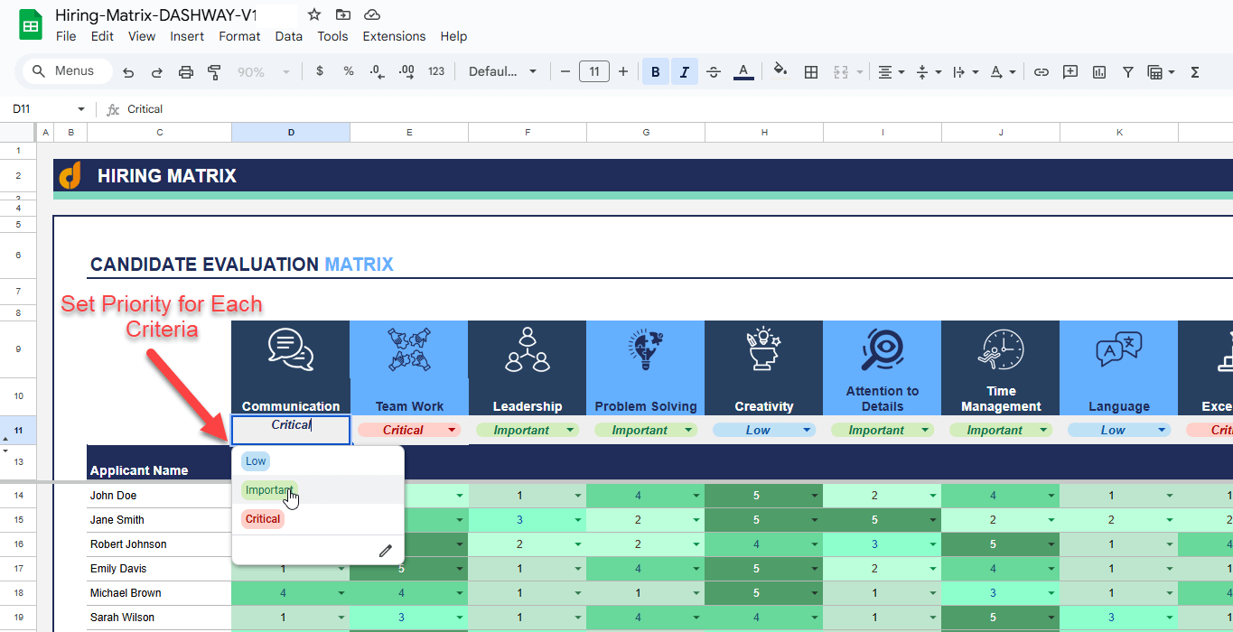 Hiring Matrix Google Sheets Template - Eloquens