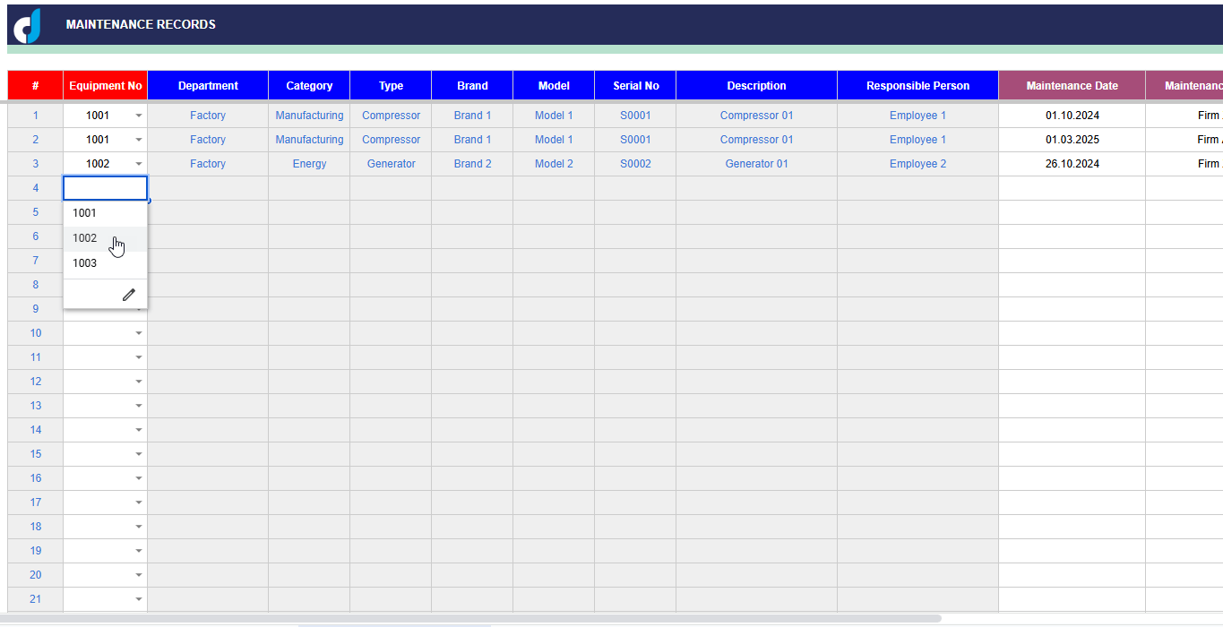 Equipment Maintenance Tracker Google Sheets Template - Eloquens