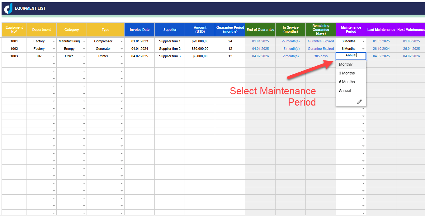 Equipment Maintenance Tracker Google Sheets Template - Eloquens