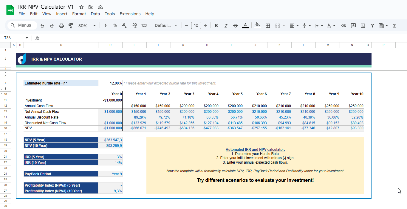 IRR and NPV Calculator Google Sheets Template | Investment Analysis ...