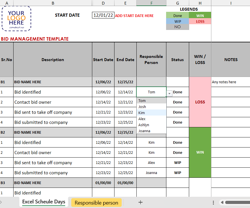 Excel Bid Tracker Template with Timeline, Status, and Win/Loss Summary ...