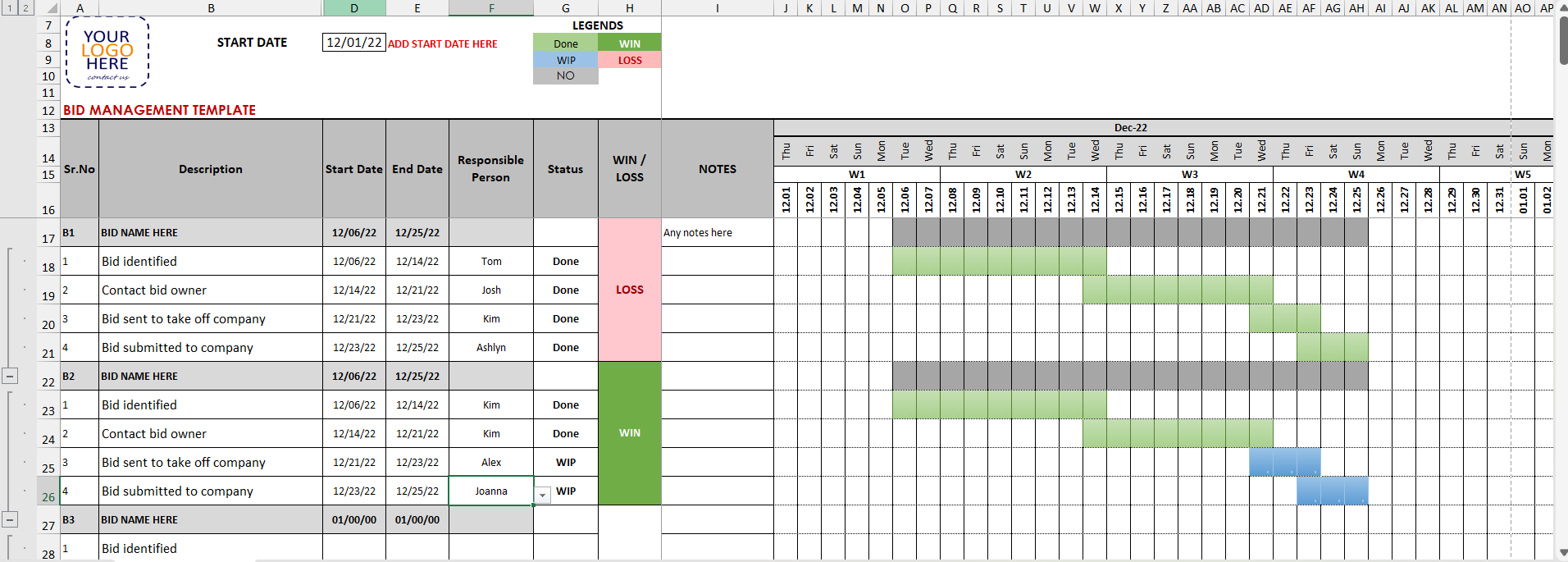 Excel Bid Tracker Template with Timeline, Status, and Win/Loss Summary ...