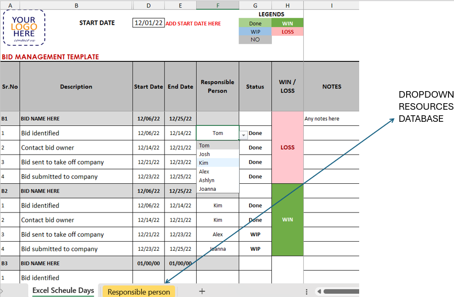 Excel Bid Tracker Template with Timeline, Status, and Win/Loss Summary ...