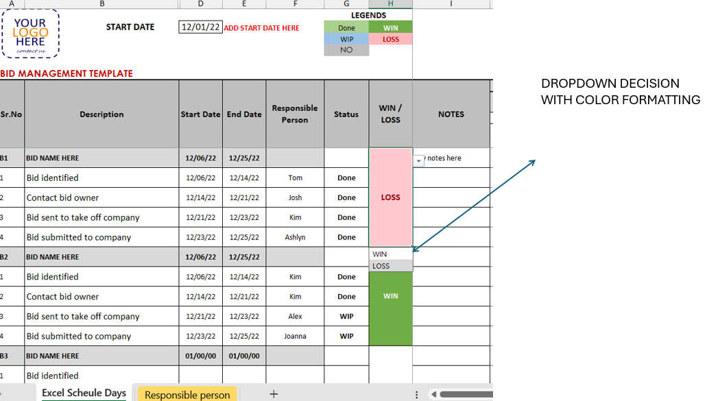Excel Bid Tracker Template with Timeline, Status, and Win/Loss Summary ...