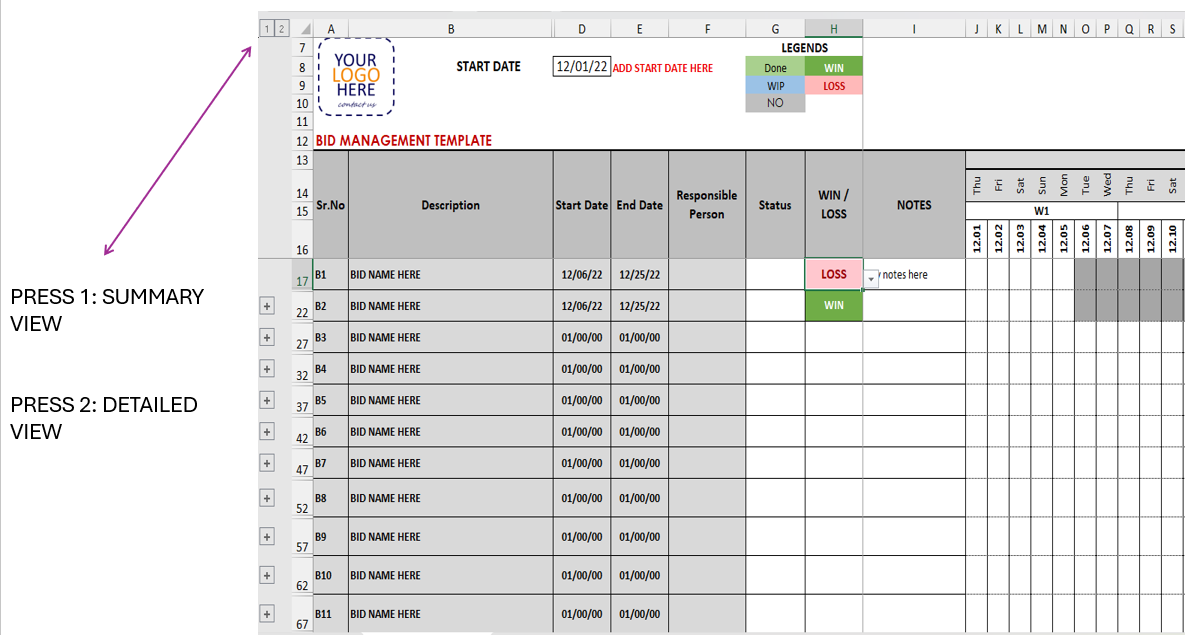 Excel Bid Tracker Template with Timeline, Status, and Win/Loss Summary ...