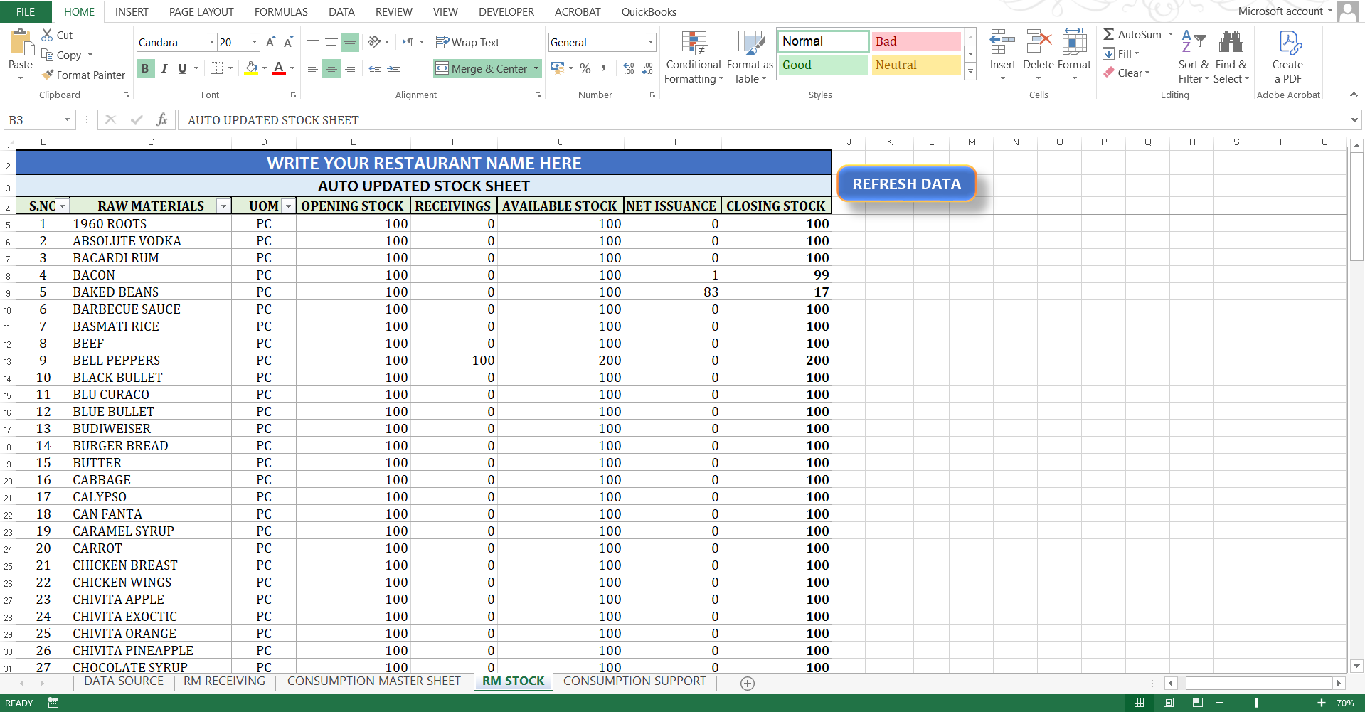 Automatic restaurant inventory solution Excel template - Eloquens