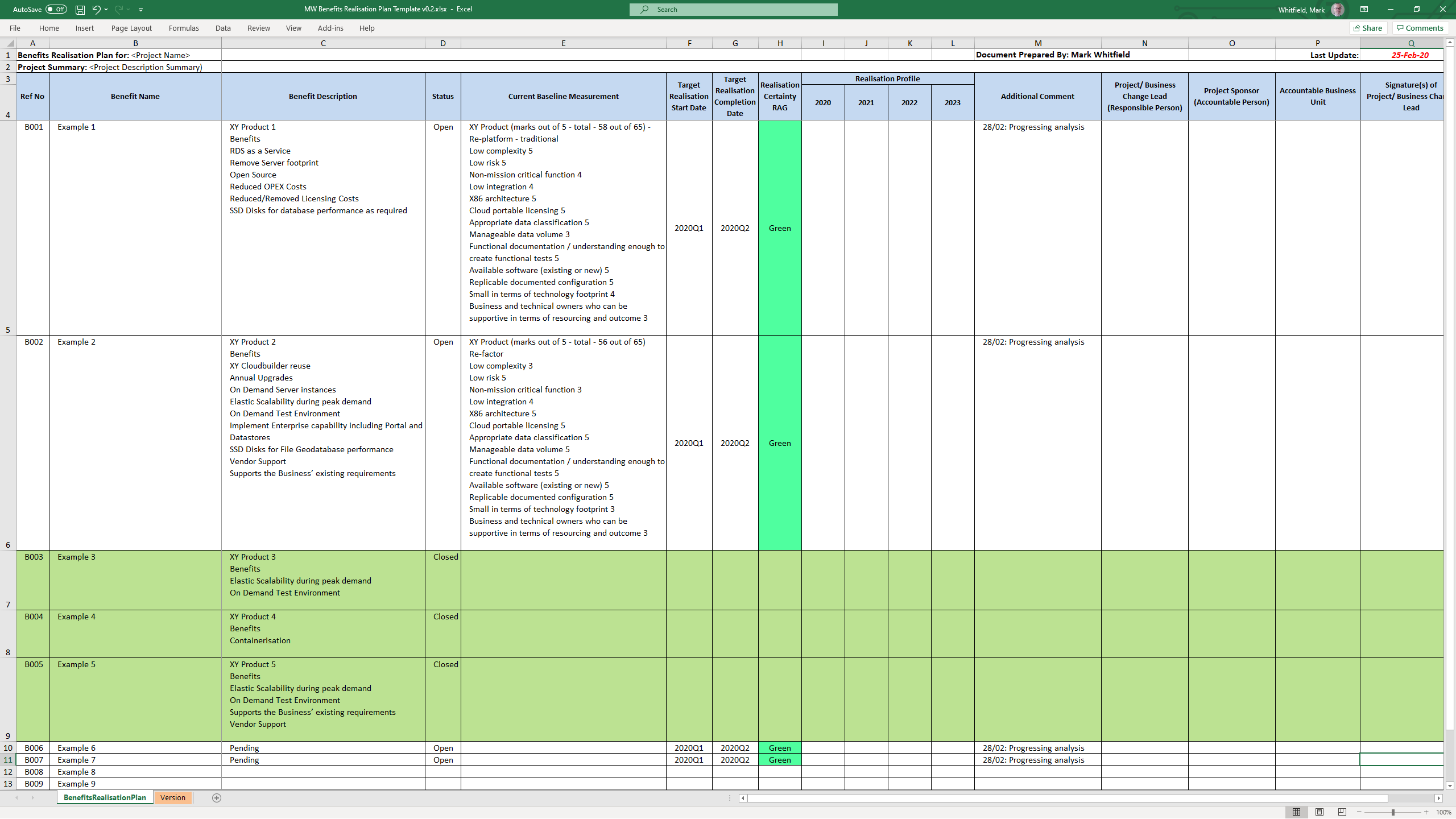Programme, Project Benefits Realization Tracker MS Template for ...
