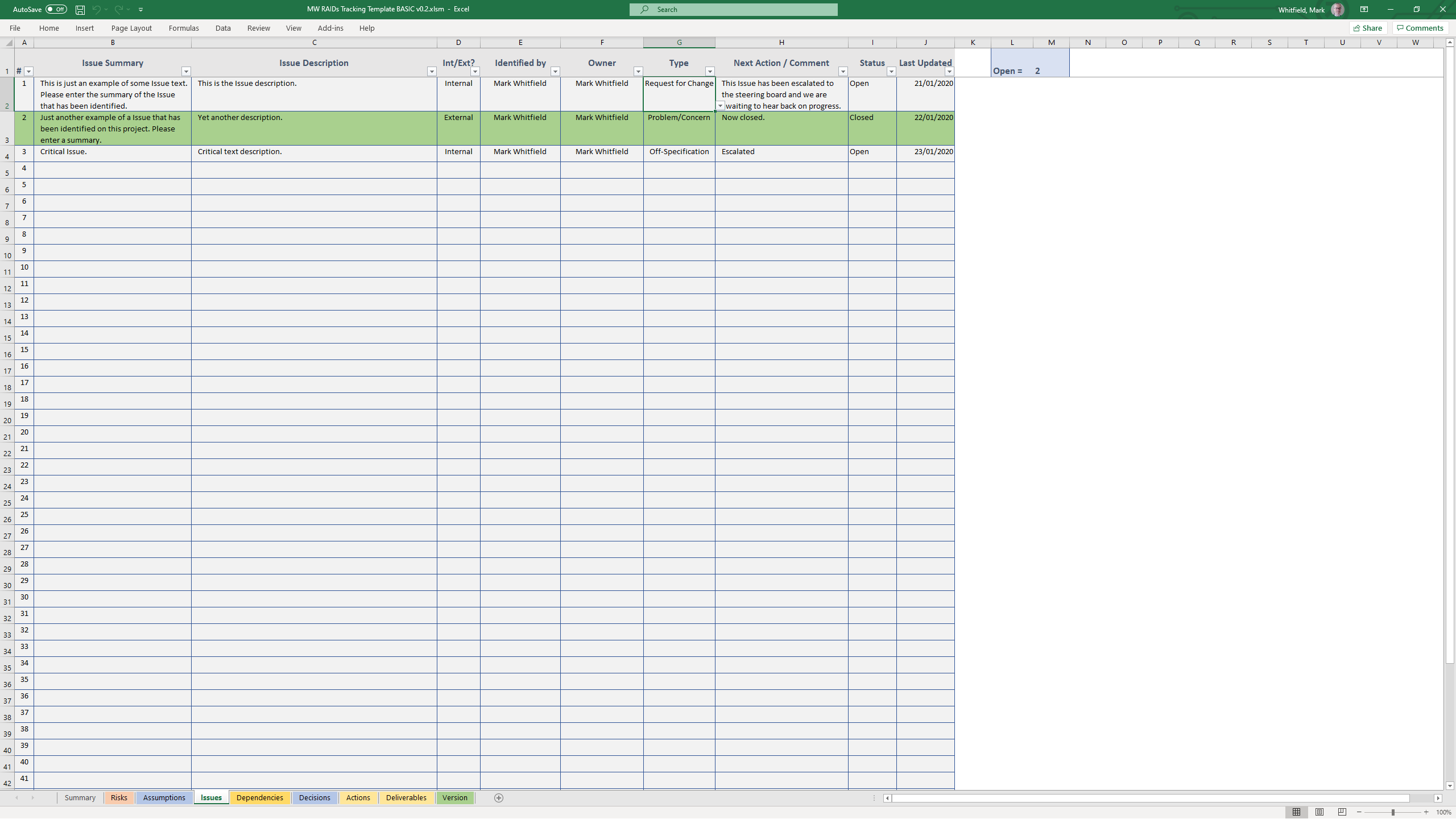 Prince2 & Agile Excel RAID log template, track project Risks ...