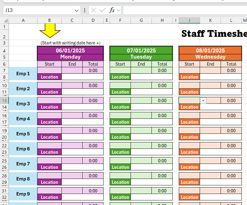 Excel Easy to use Staff Timesheet Weekly Hours calulation and Location ...