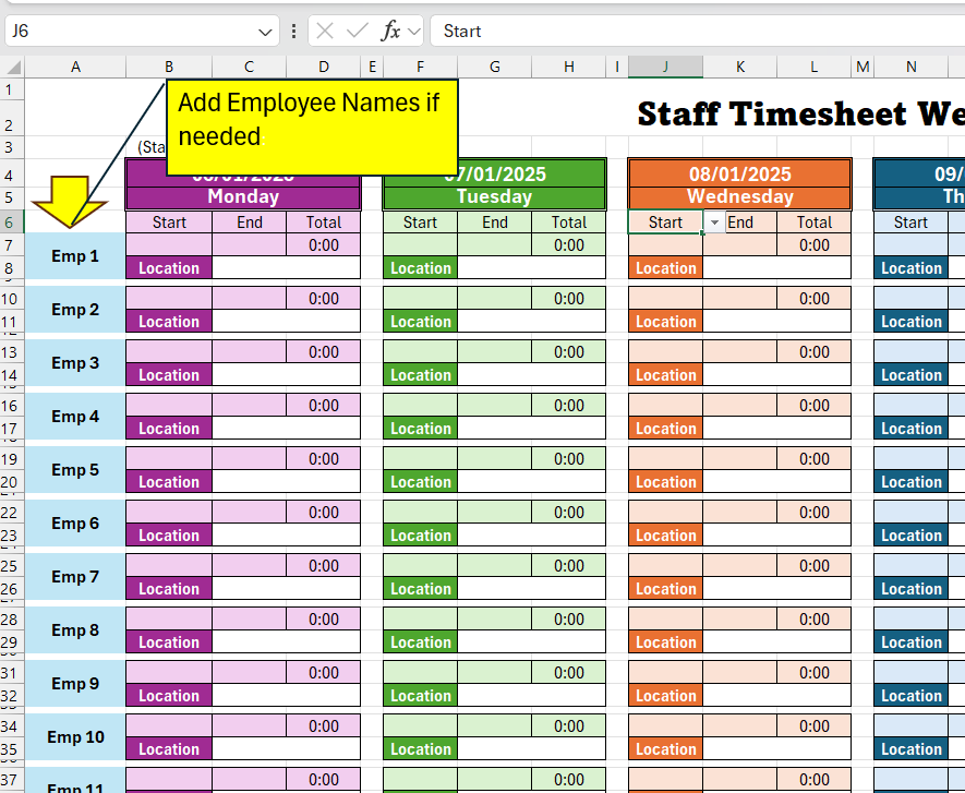Excel Easy to use Staff Timesheet Weekly Hours calulation and Location ...