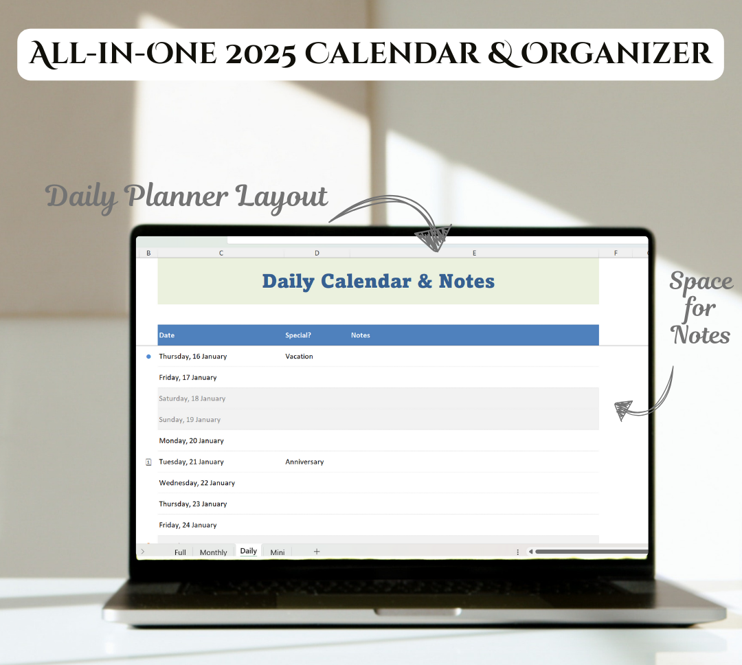 2025 Excel Planner & Calendar | Monthly + Daily Notes | Printable ...