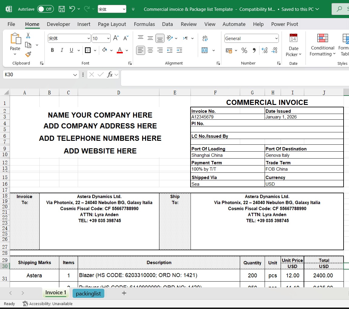 Commercial Invoice & Packing List Template - Eloquens