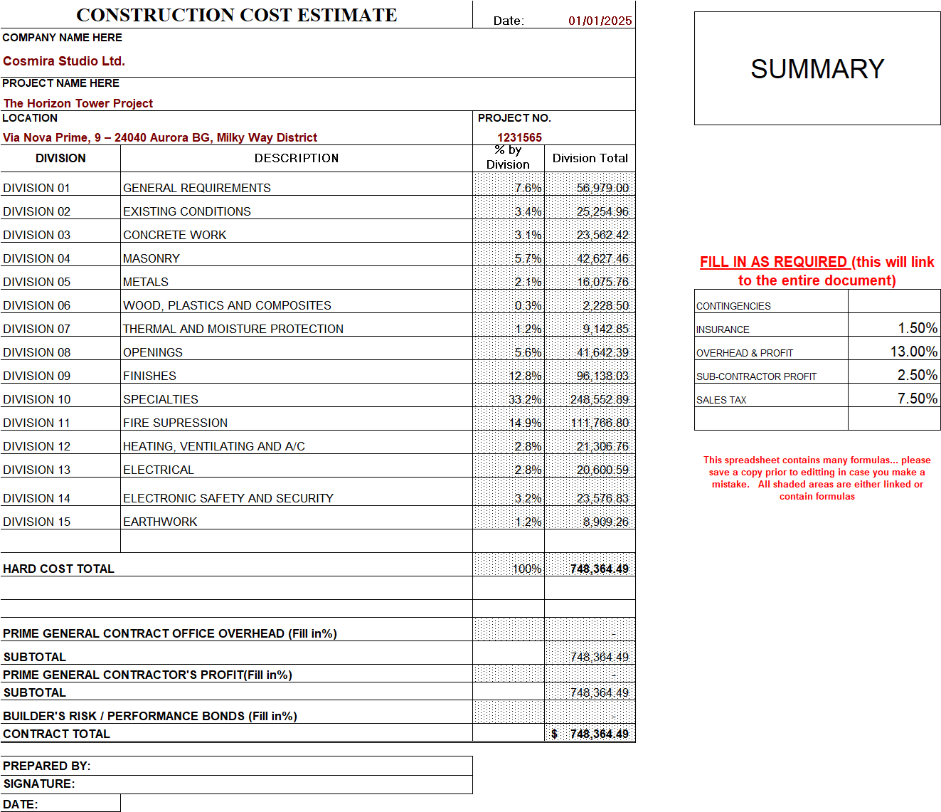 Comprehensive Construction Cost Estimate Template — Division 01–15 with ...