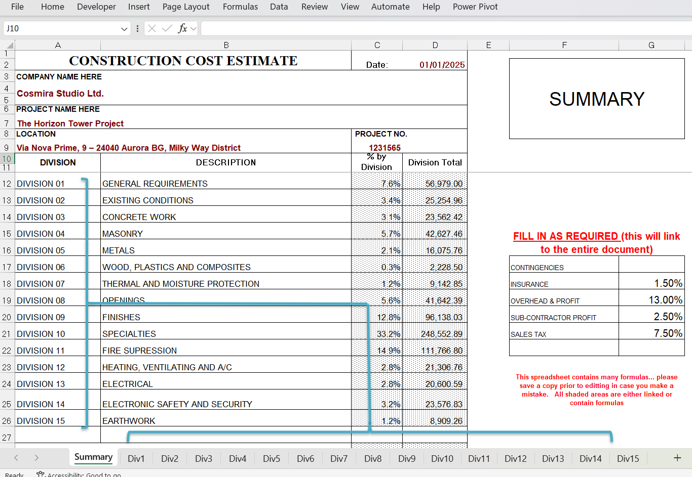 Comprehensive Construction Cost Estimate Template — Division 01–15 with ...