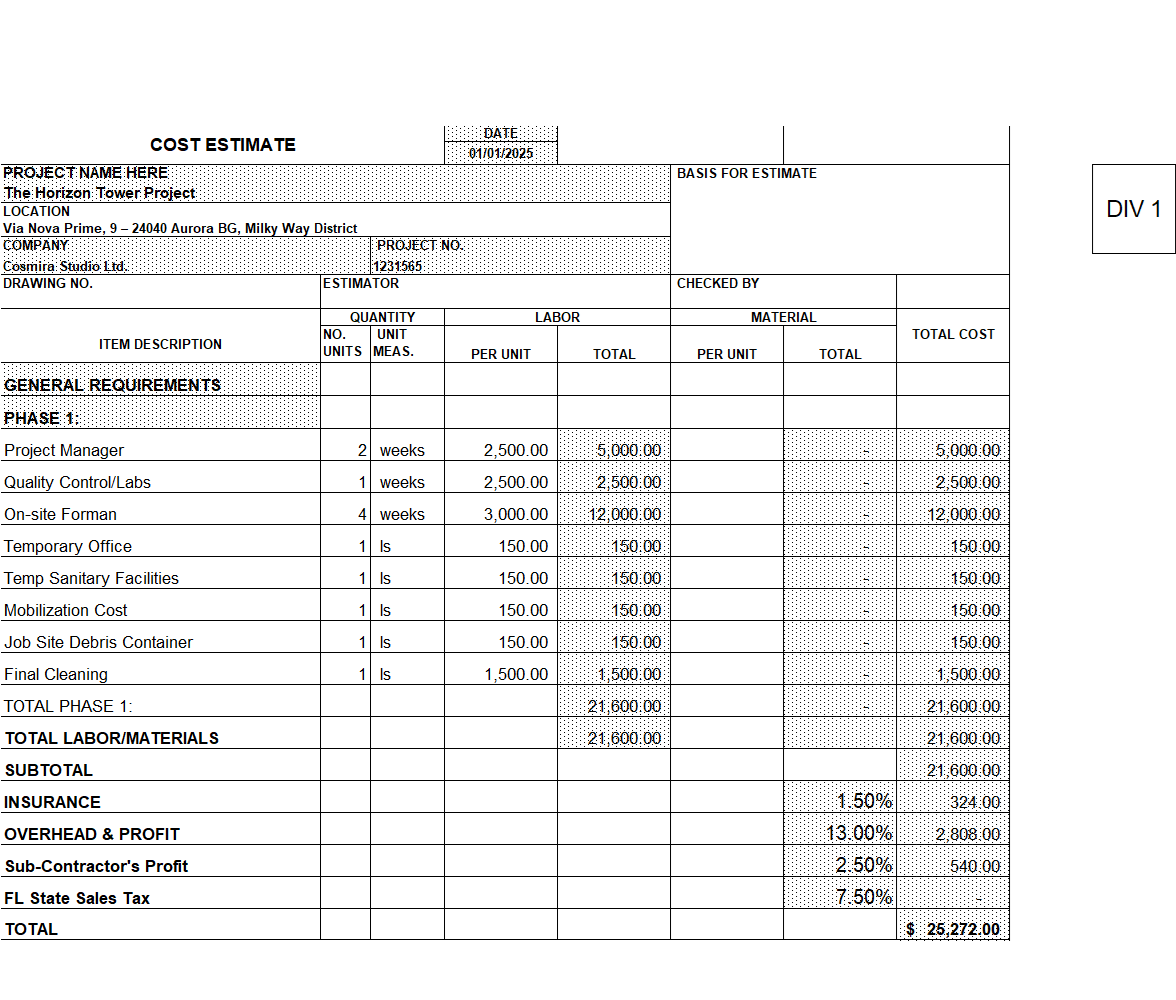 Comprehensive Construction Cost Estimate Template — Division 01–15 with ...