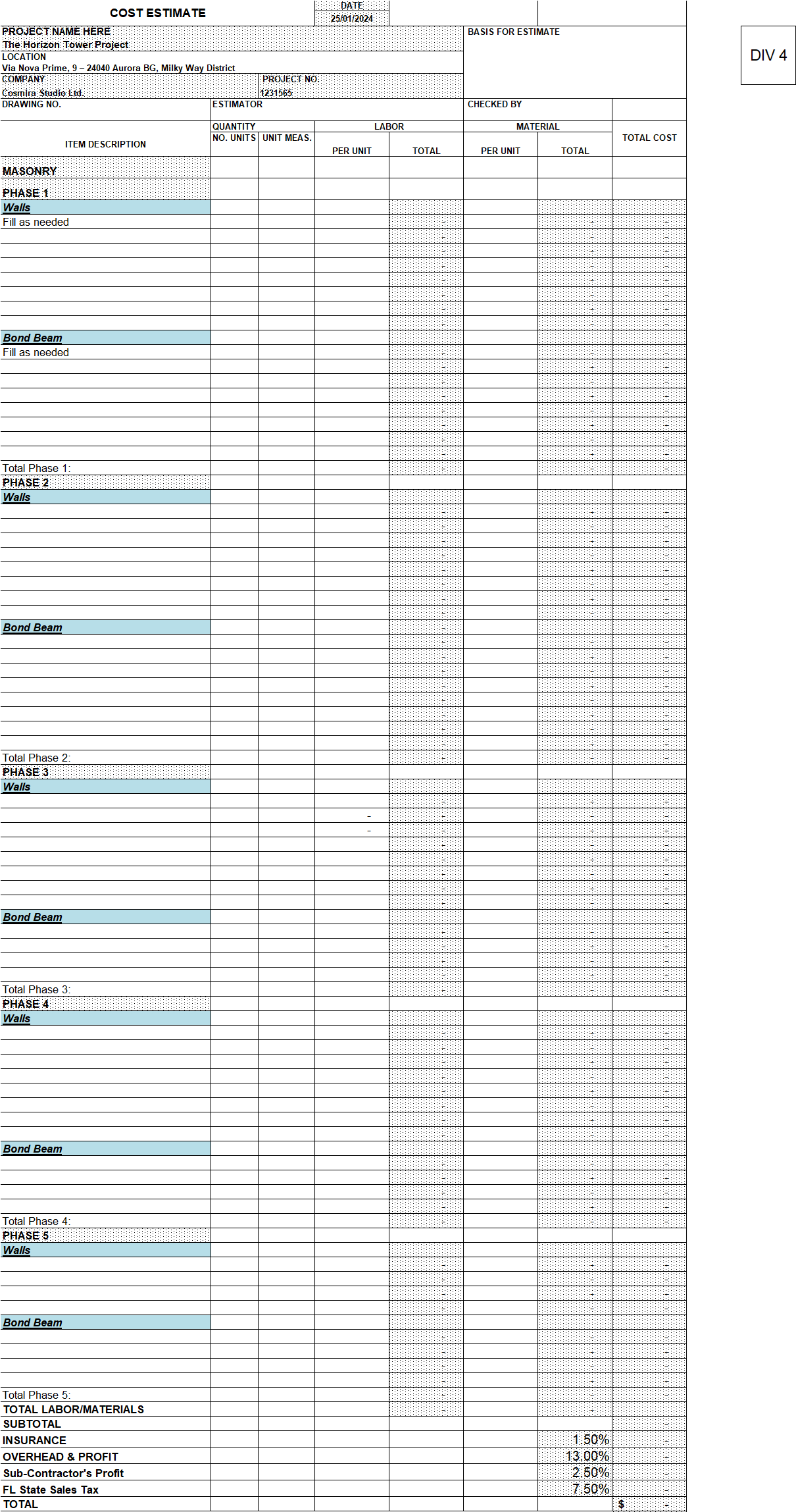 Comprehensive Construction Cost Estimate Template — Division 01–15 with ...