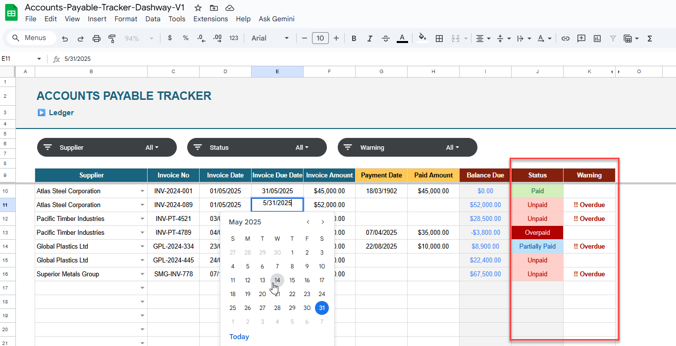 Accounts Payable Tracker - Google Sheets Template | Accounts Payable ...