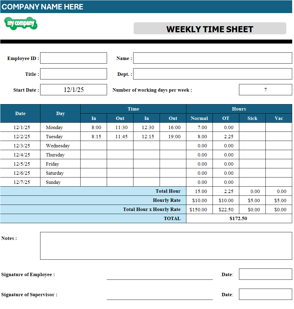 Employee Weekly Timesheet – Hours, OT, Sick & Vacation Tracker - Eloquens