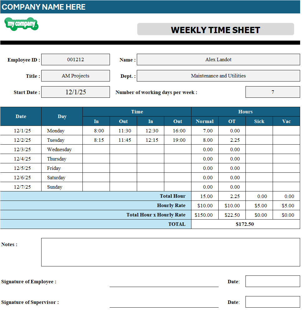 Employee Weekly Timesheet – Hours, OT, Sick & Vacation Tracker - Eloquens