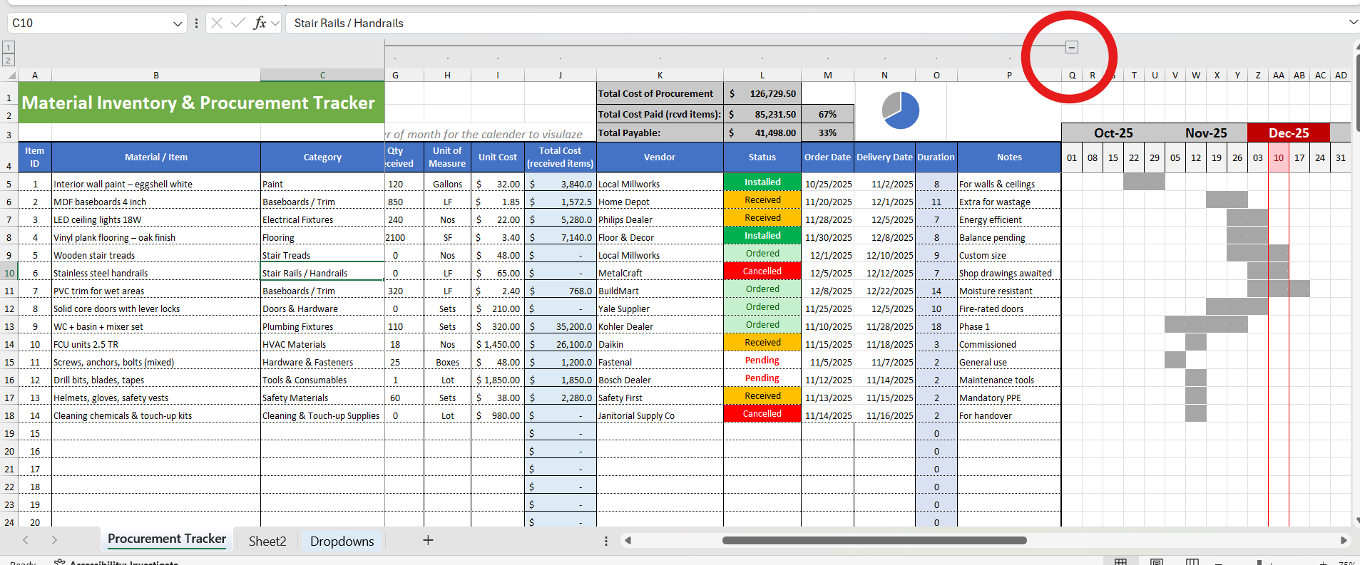 Material, Inventory & Procurement Tracker with Budget & Gantt Timeline ...