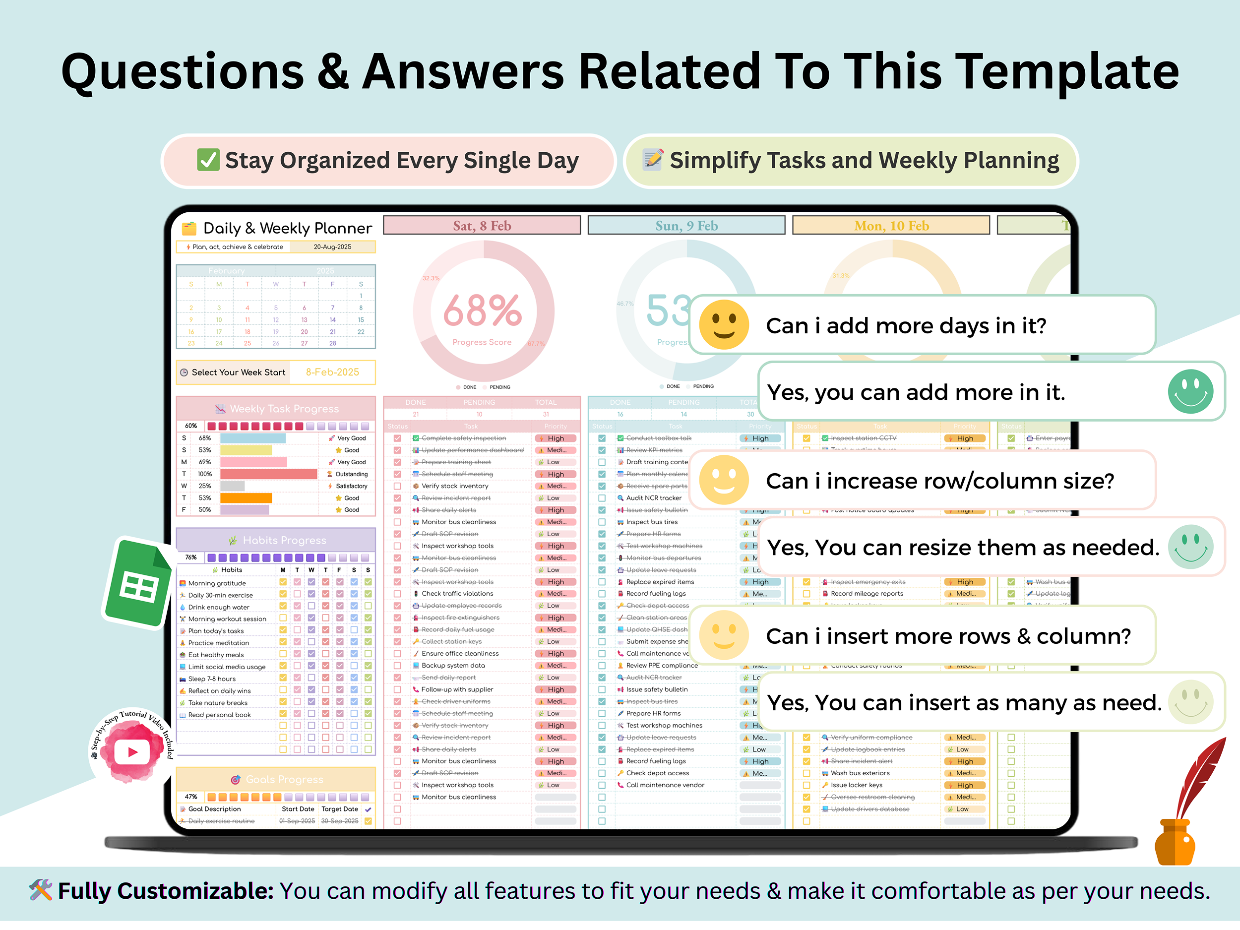 Daily and Weekly Digital Planner google sheets - Eloquens